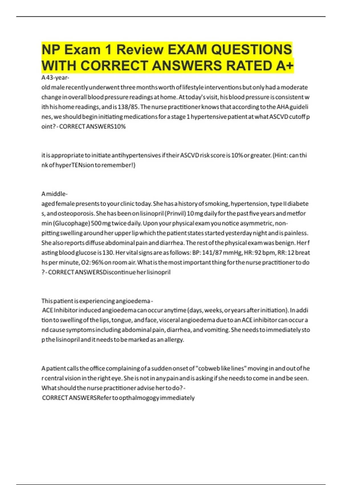 NP Assessment ACTUAL EXAM QUESTIONS WITH CORRECT DETAILRD ANSWERS RATED ...