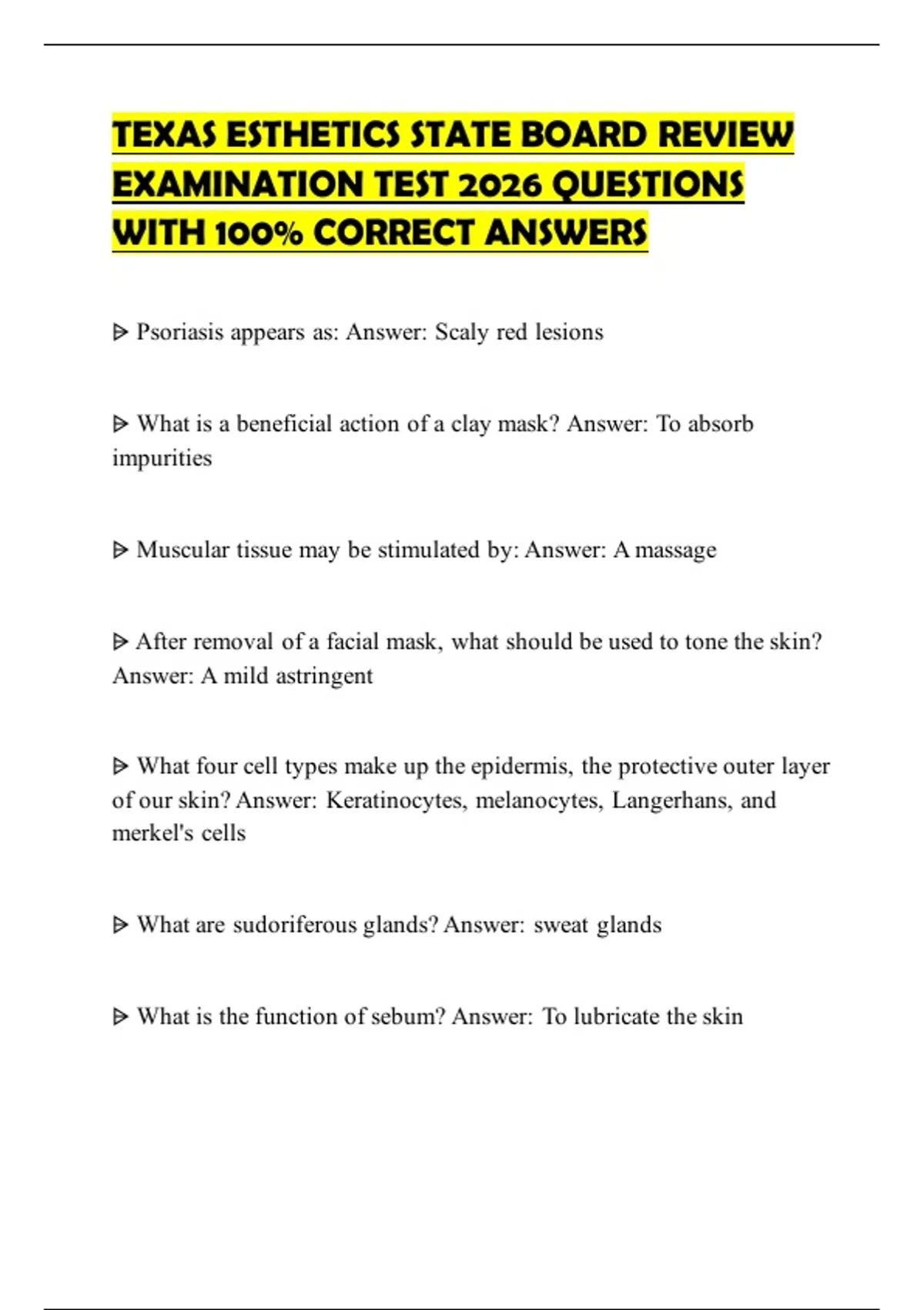 TEXAS ESTHETICS STATE BOARD REVIEW EXAMINATION TEST 2026 QUESTIONS WITH ...