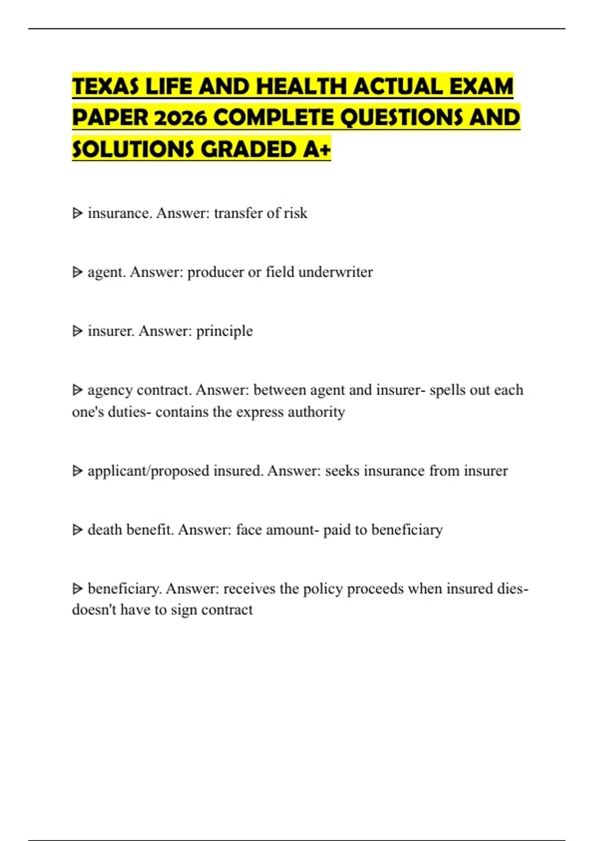TEXAS LIFE AND HEALTH ACTUAL EXAM PAPER 2026 COMPLETE QUESTIONS AND ...