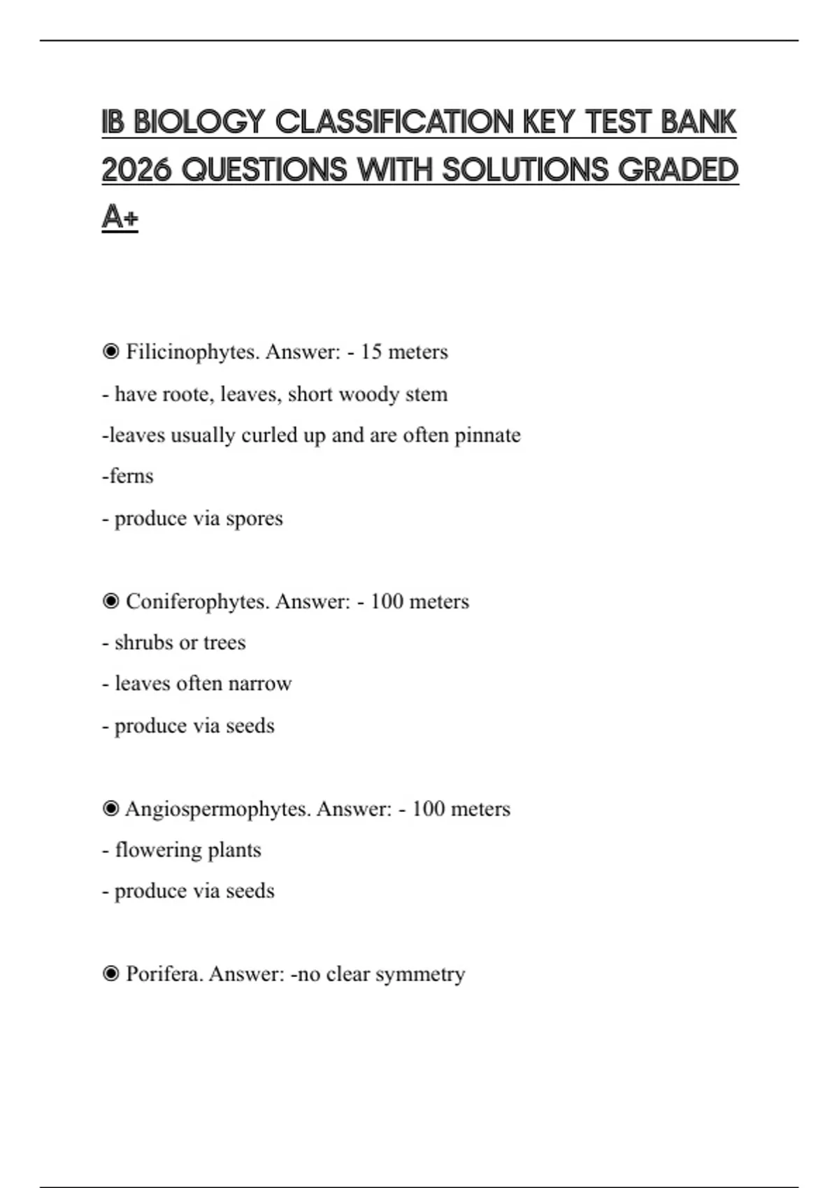 IB BIOLOGY CLASSIFICATION KEY TEST BANK 2026 QUESTIONS WITH SOLUTIONS ...