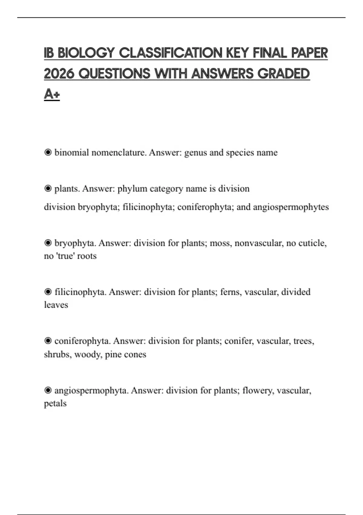 IB BIOLOGY CLASSIFICATION KEY FINAL PAPER 2026 QUESTIONS WITH ANSWERS ...