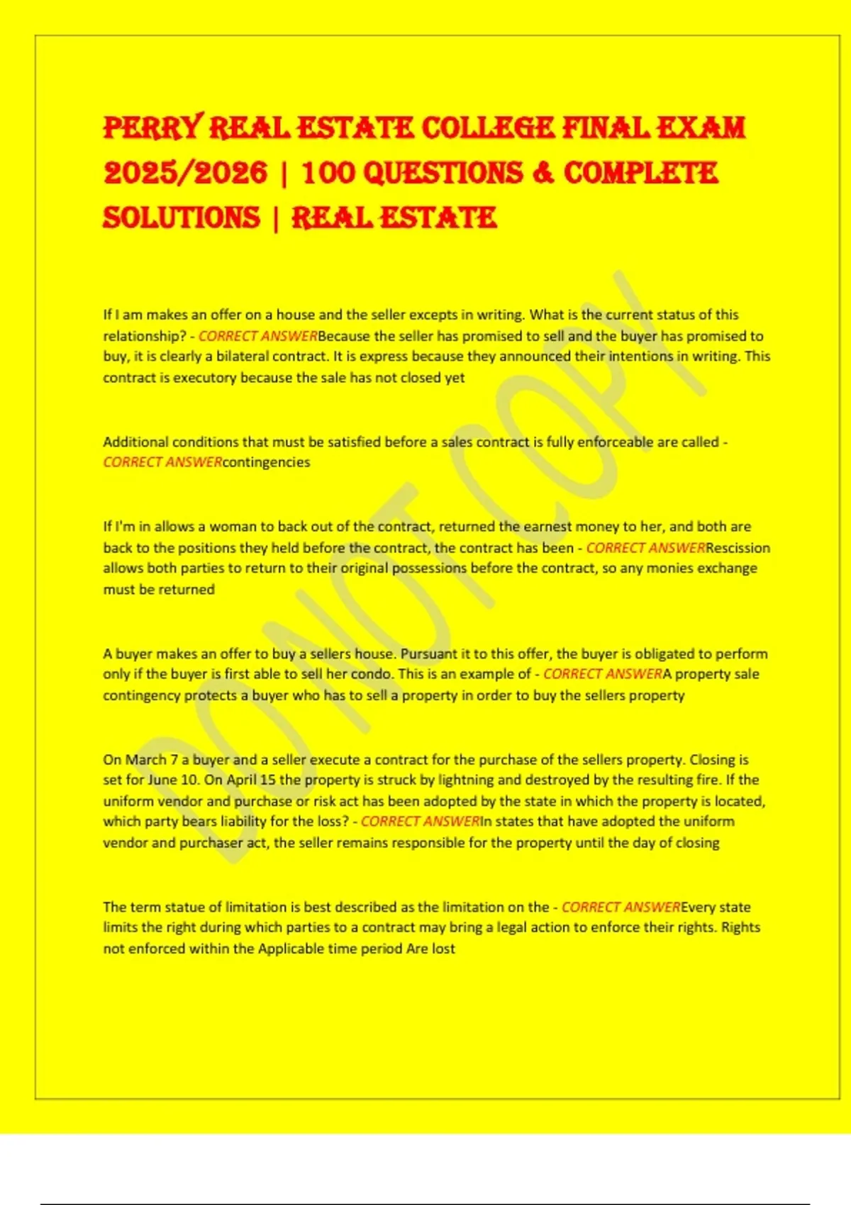 Perry Real Estate College Final Exam 2025/2026 | 100 Questions ...