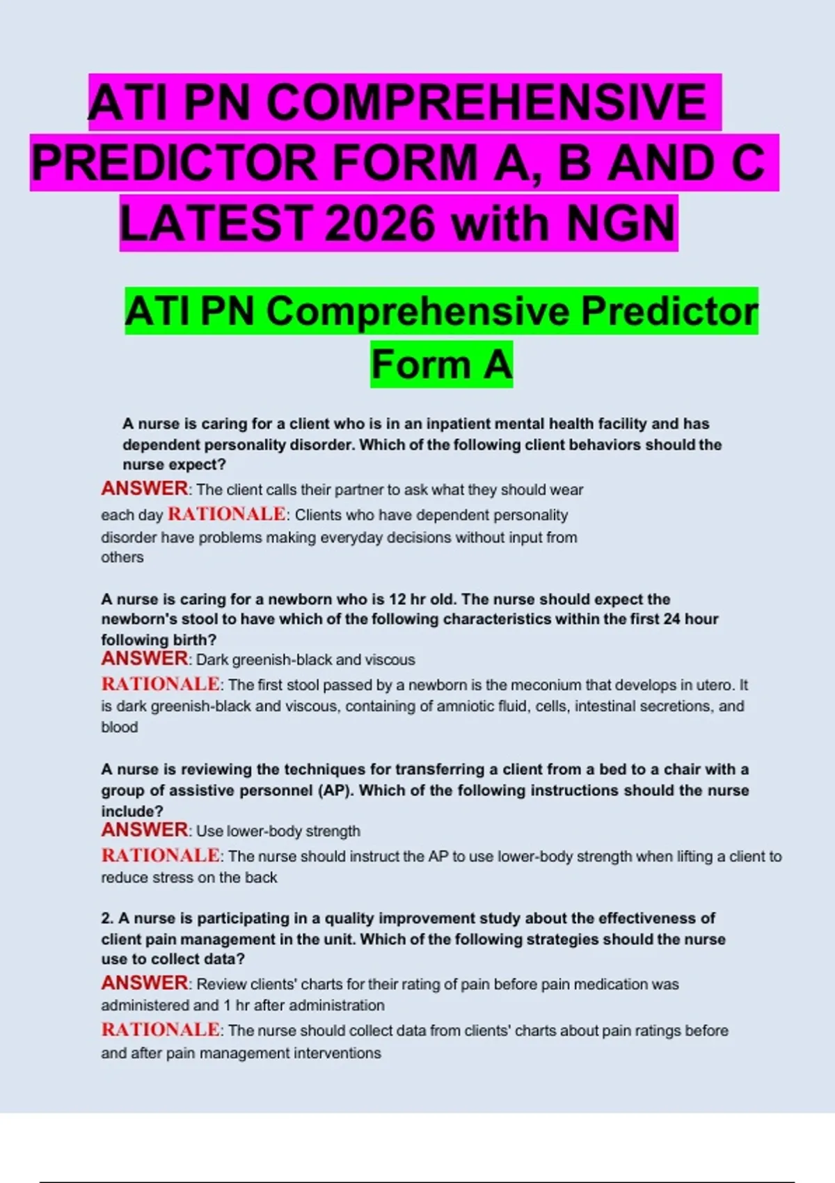ATI PN COMPREHENSIVE PREDICTOR FORM A, B AND C LATEST 2026 with NGN ...