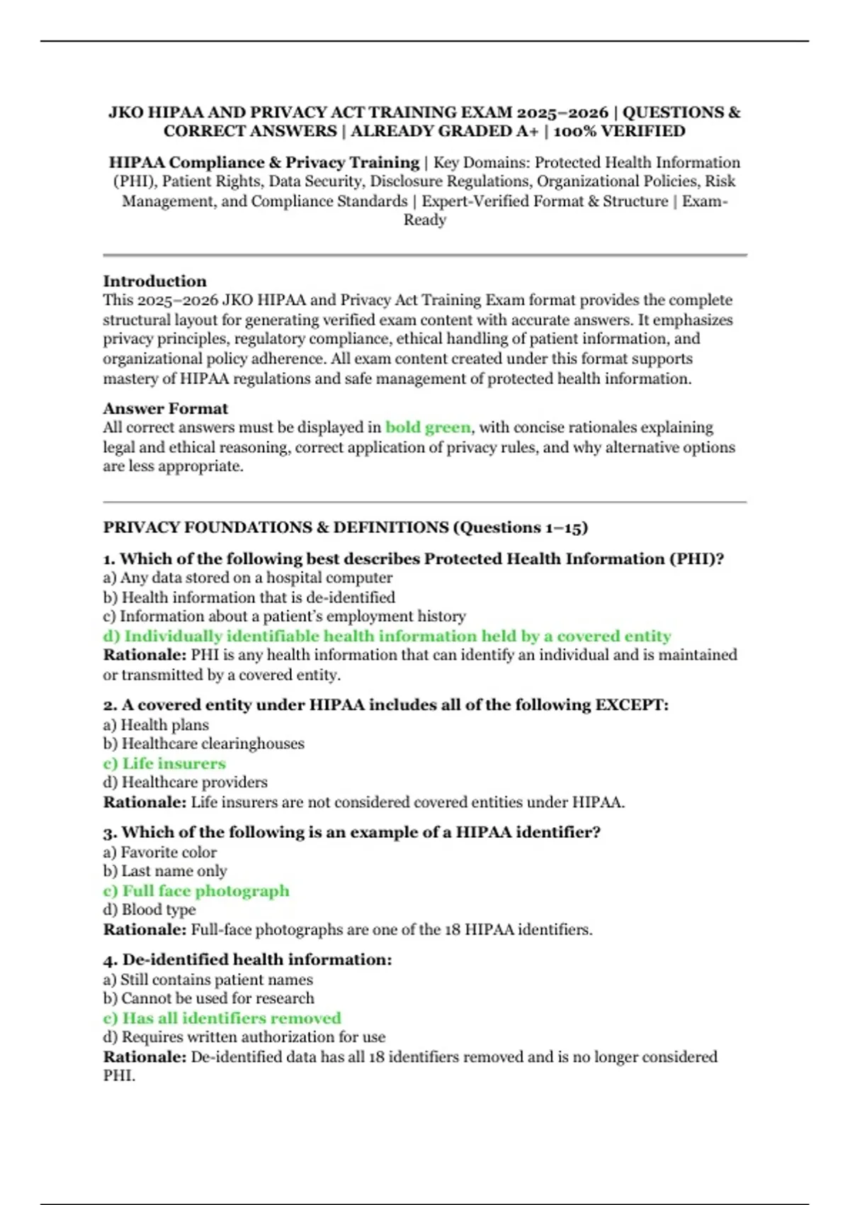 JKO HIPAA and Privacy Act Training Exam | Questions & Correct Answers ...