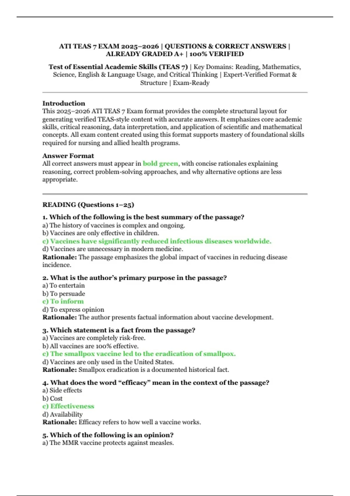 ATI TEAS 7 Exam | Questions & Correct Answers | Already Graded A+ | 100 ...