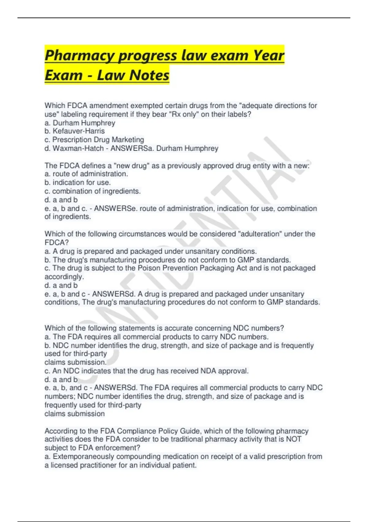 Pharmacy progress law exam Year Exam - Law Notes Which FDCA amendment ...