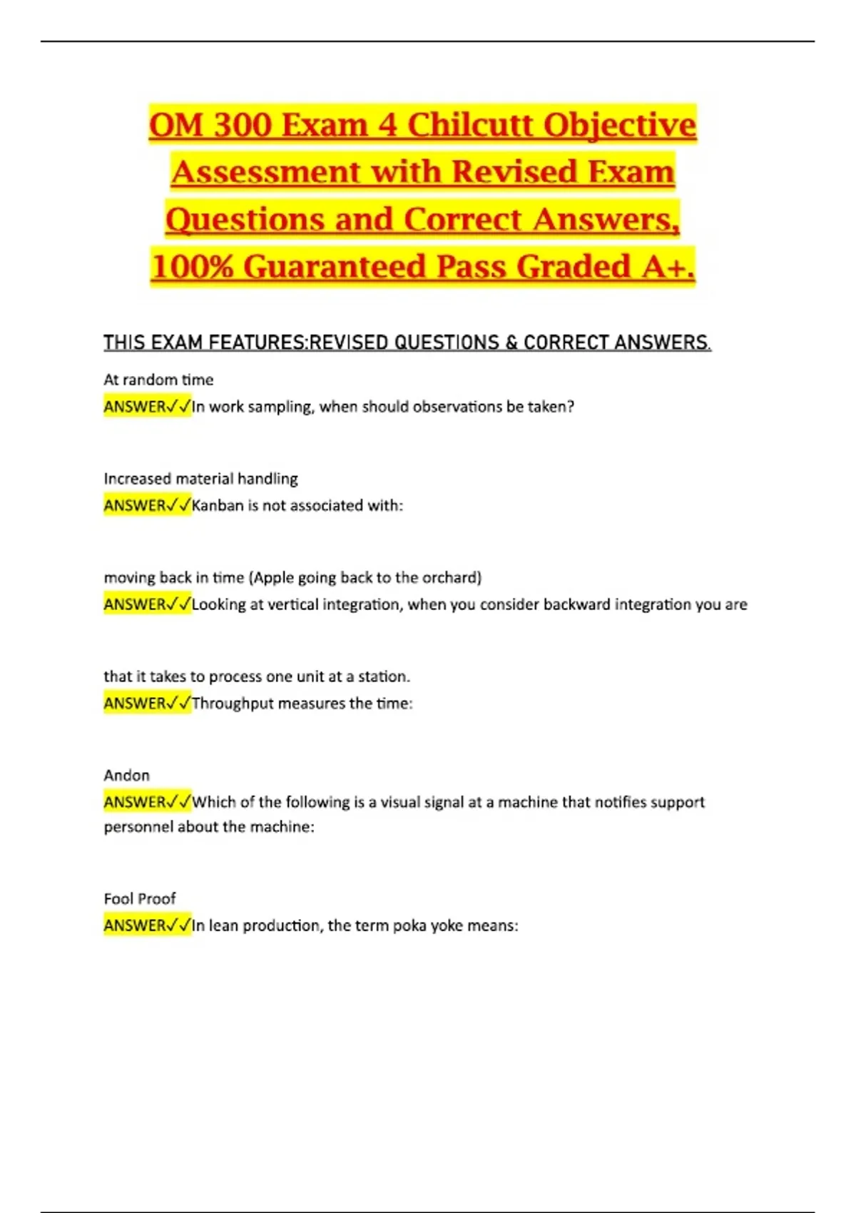 OM 300 – Exam 4 Objective Assessment with Revised Exam Questions and ...