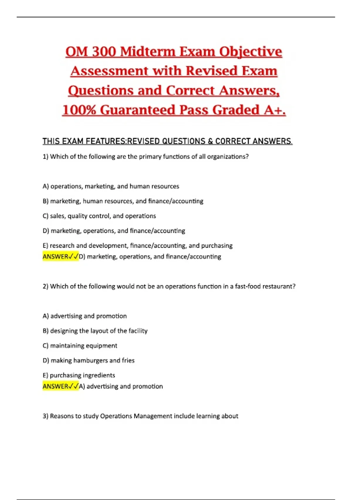OM 300 – Midterm Exam Objective Assessment (Revised Exam Questions ...