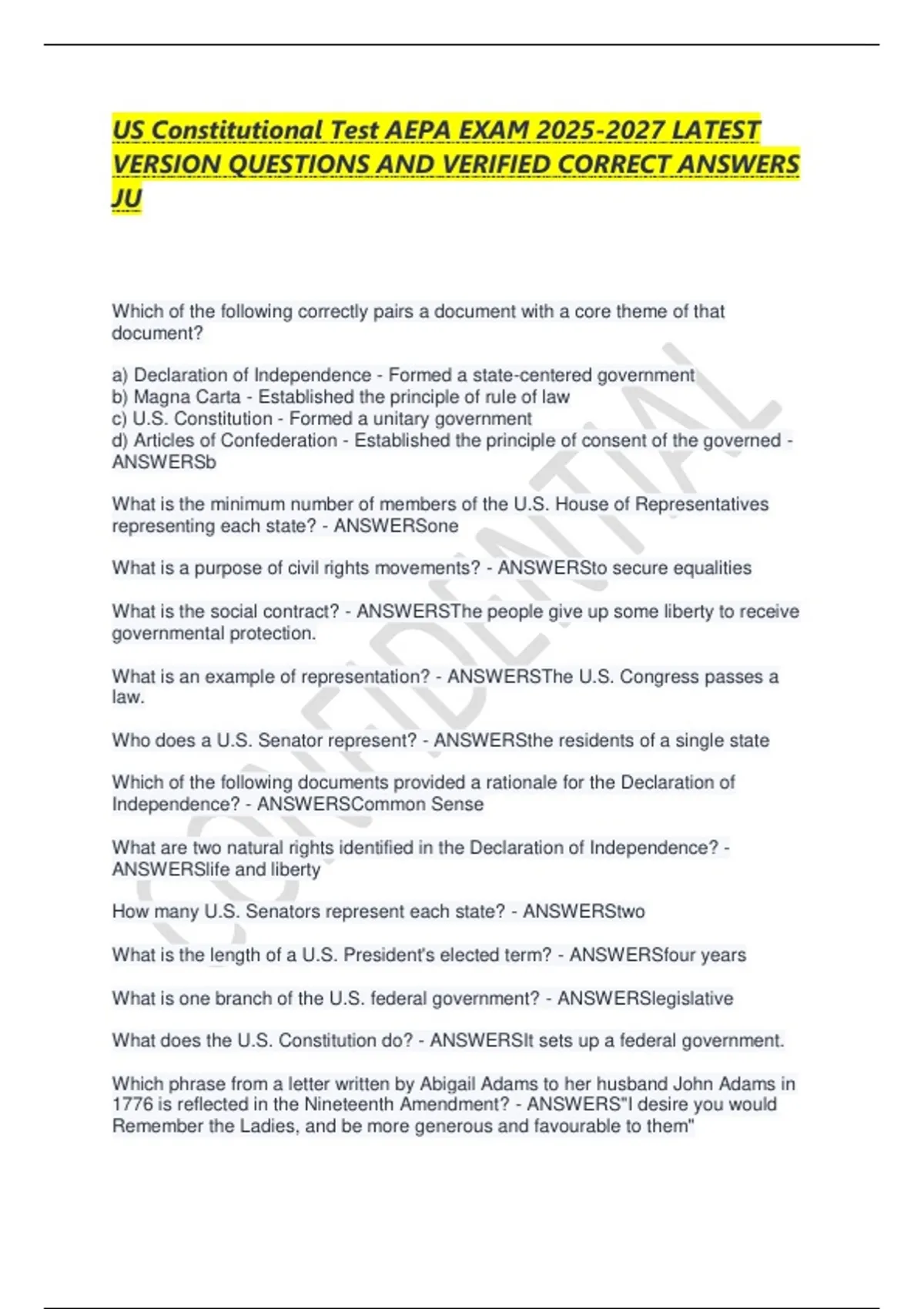 US Constitutional Test AEPA EXAM LATEST VERSION QUESTIONS AND VERIFIED ...