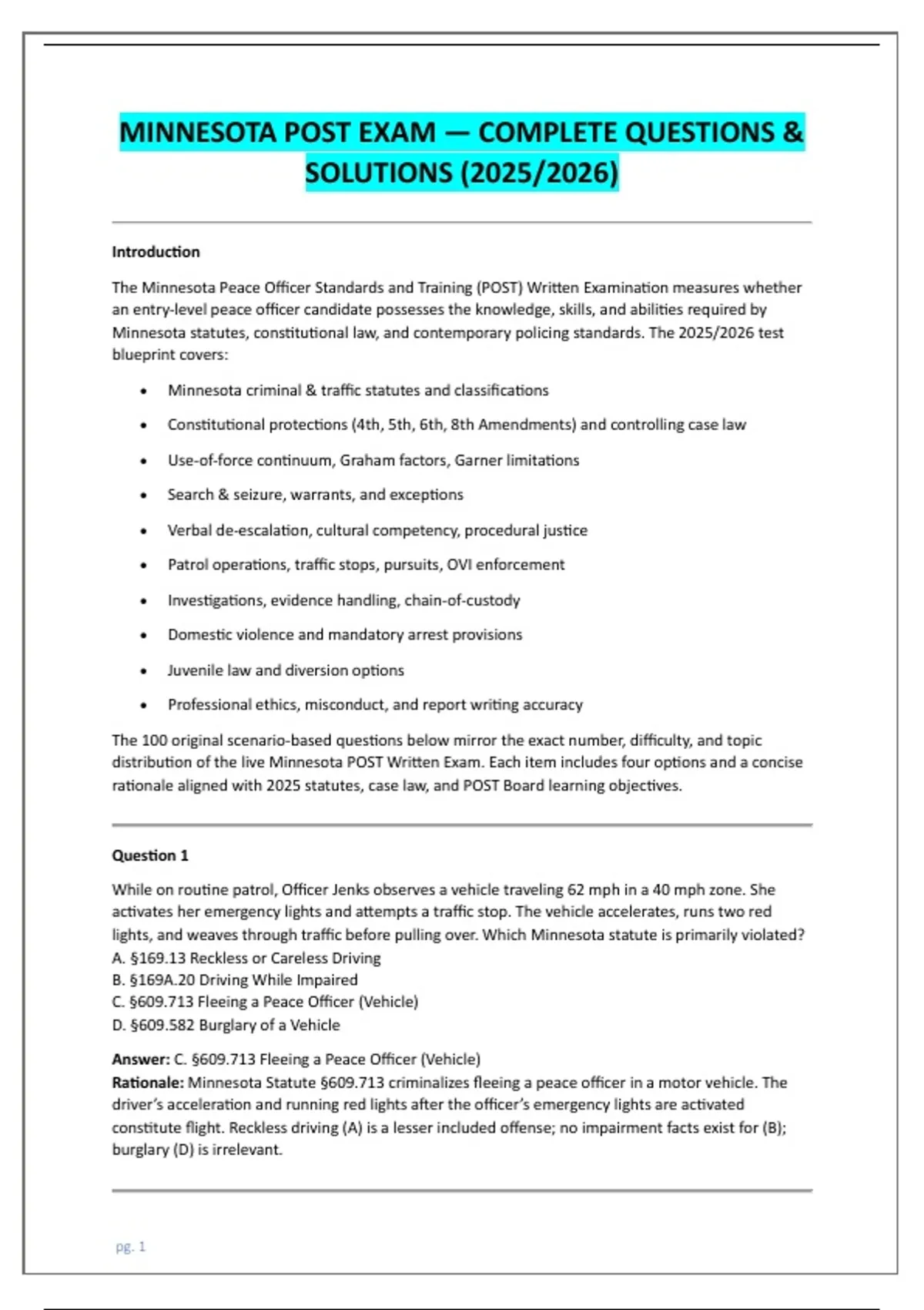 Minnesota POST Exam – Complete Questions & Solutions (2025/2026 ...
