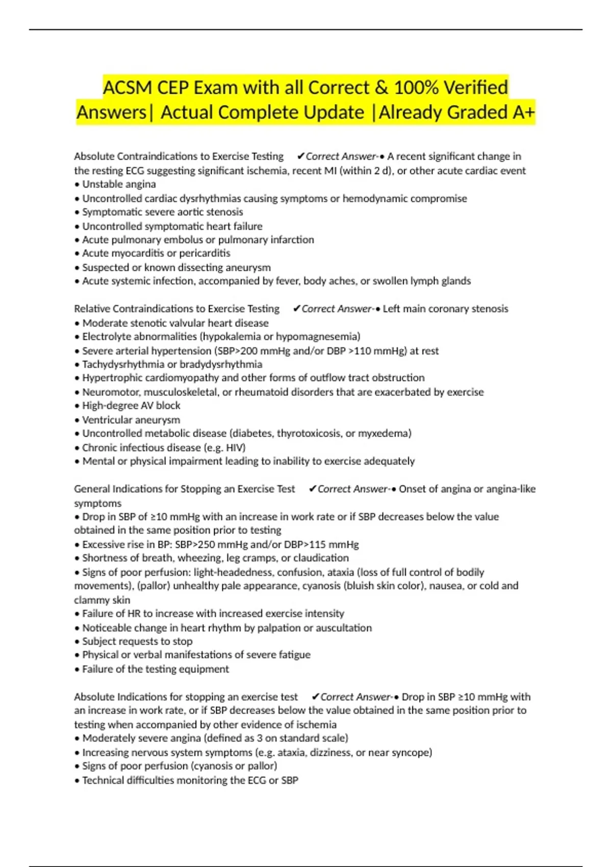 ACSM CEP Exam with all Correct & 100% Verified Answers| Actual Complete ...