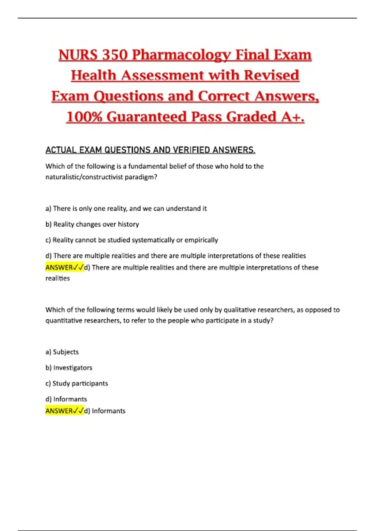 NURS 350 – Pharmacology Final Exam (Health Assessment) – Revised Exam ...