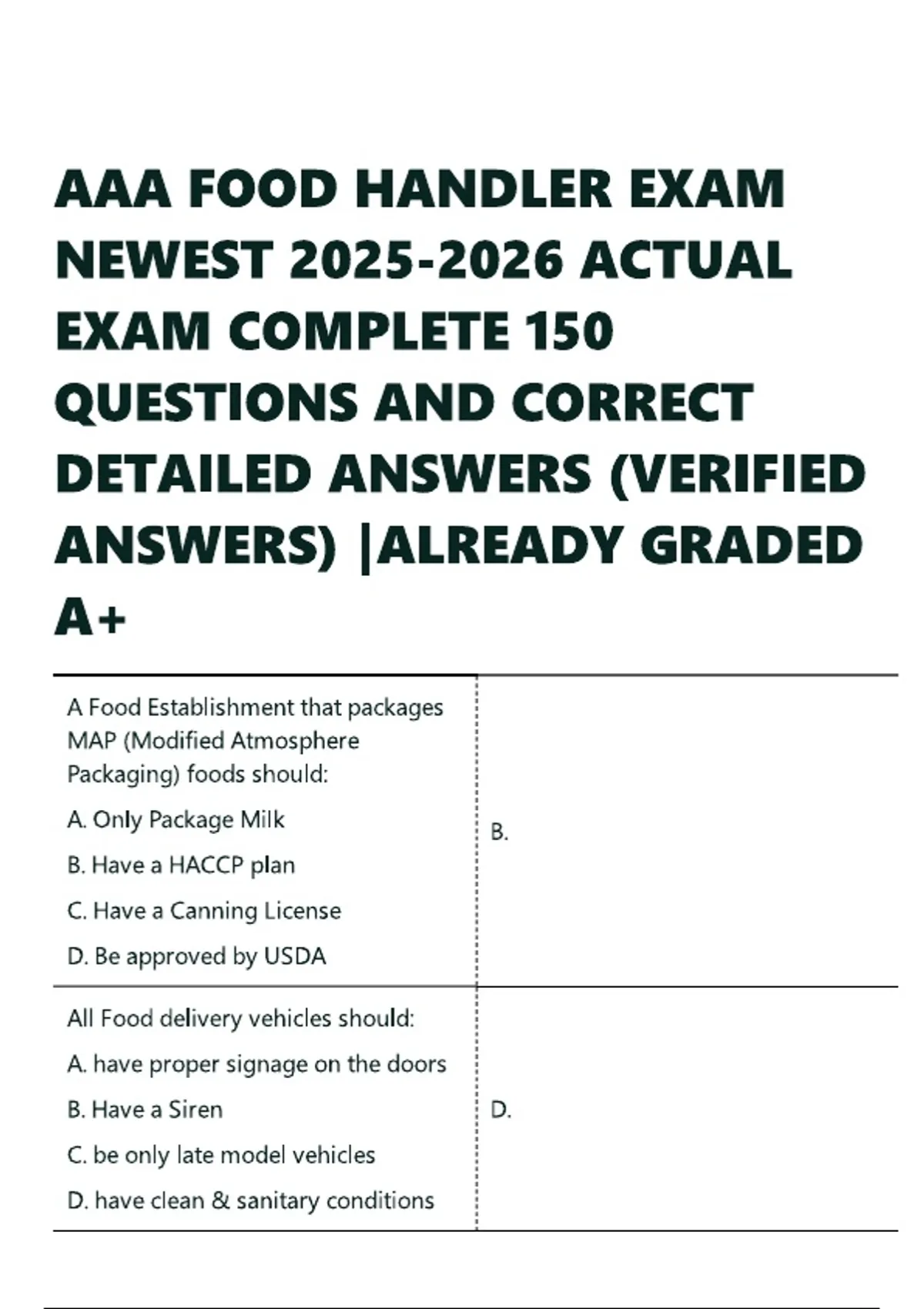 AAA FOOD HANDLER EXAM NEWEST ACTUAL EXAM COMPLETE 150 QUESTIONS AND ...