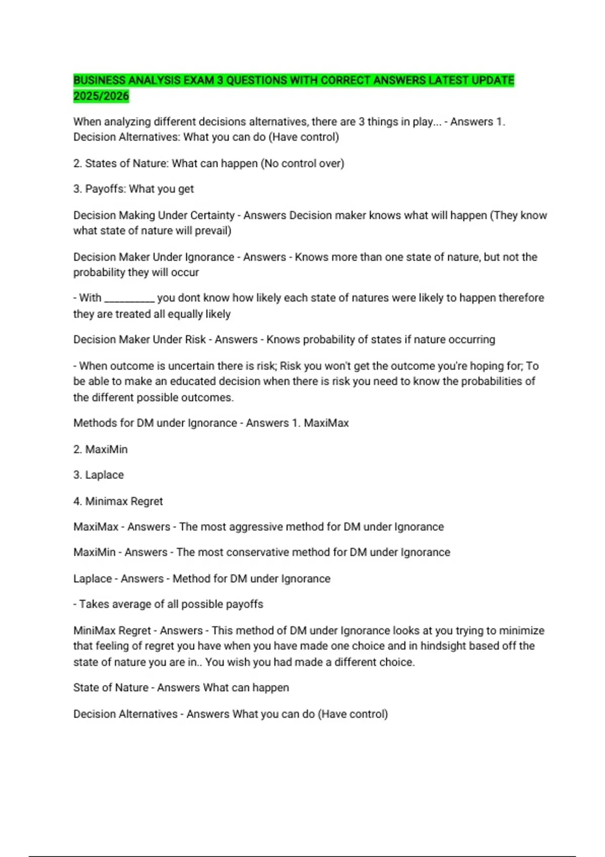 BUSINESS ANALYSIS EXAM 3 QUESTIONS WITH CORRECT ANSWERS LATEST UPDATE ...