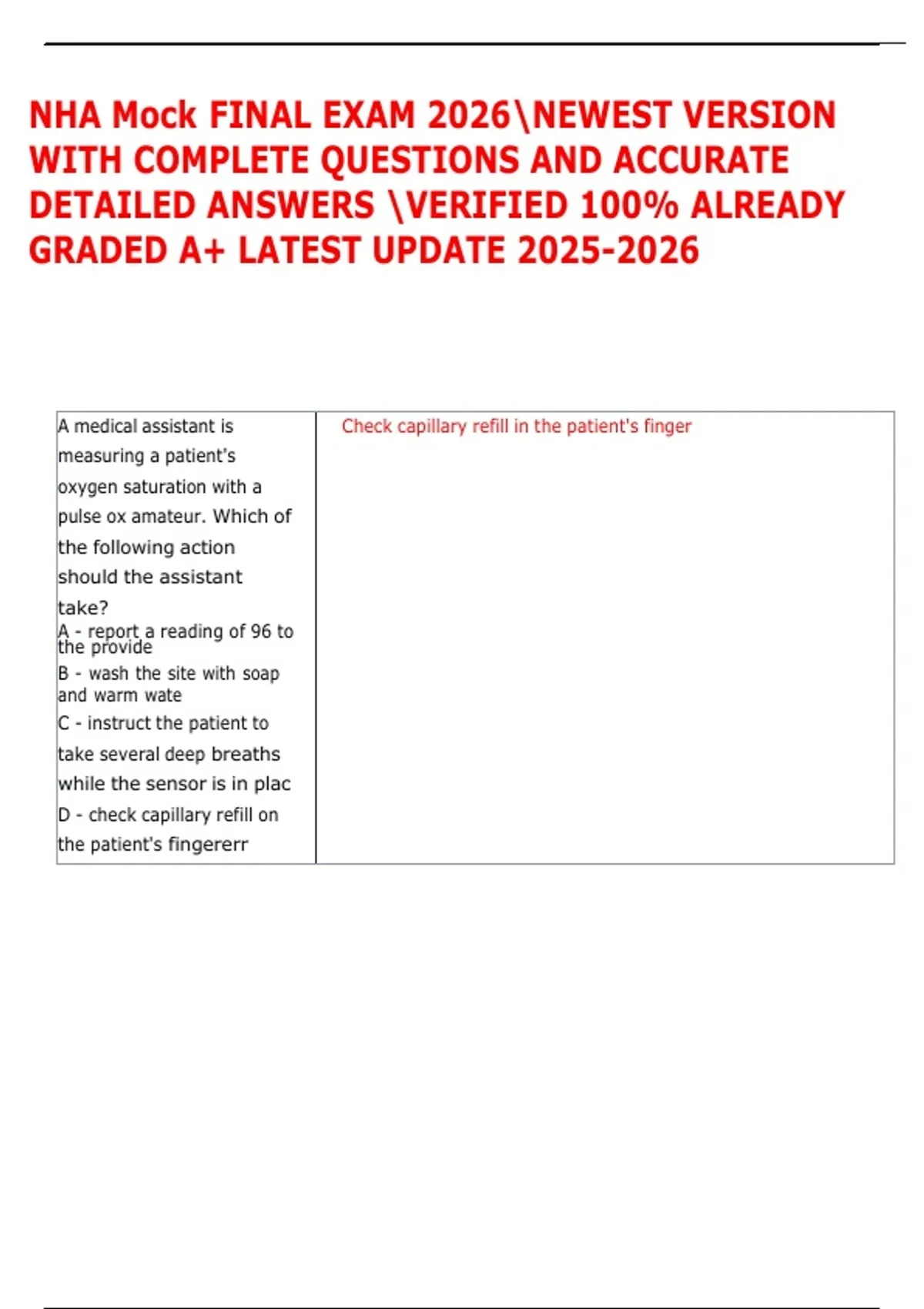 NHA Mock FINAL EXAM 2026NEWEST VERSION WITH COMPLETE QUESTIONS AND ...