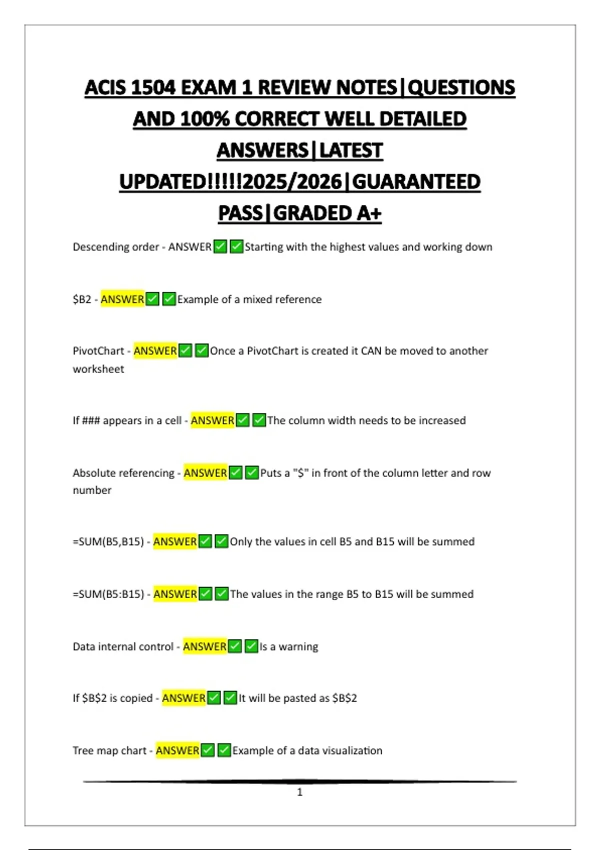 ACIS 1504 EXAM 1 REVIEW NOTES|QUESTIONS AND 100% CORRECT WELL DETAILED ...