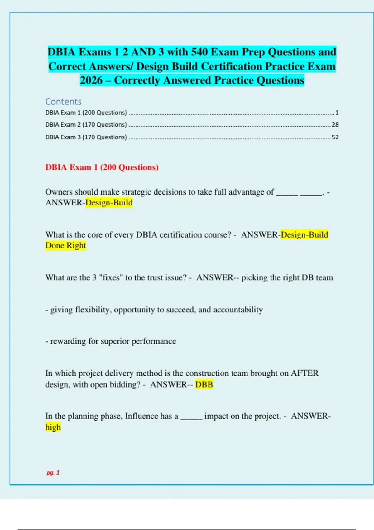 DBIA Exams 1 2 AND 3 with 540 Exam Prep Questions and Correct Answers ...
