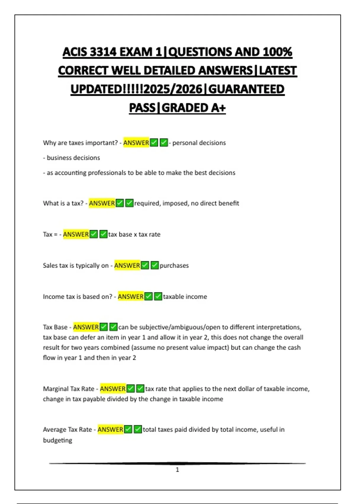 ACIS 3314 EXAM 1|QUESTIONS AND 100% CORRECT WELL DETAILED ANSWERS ...