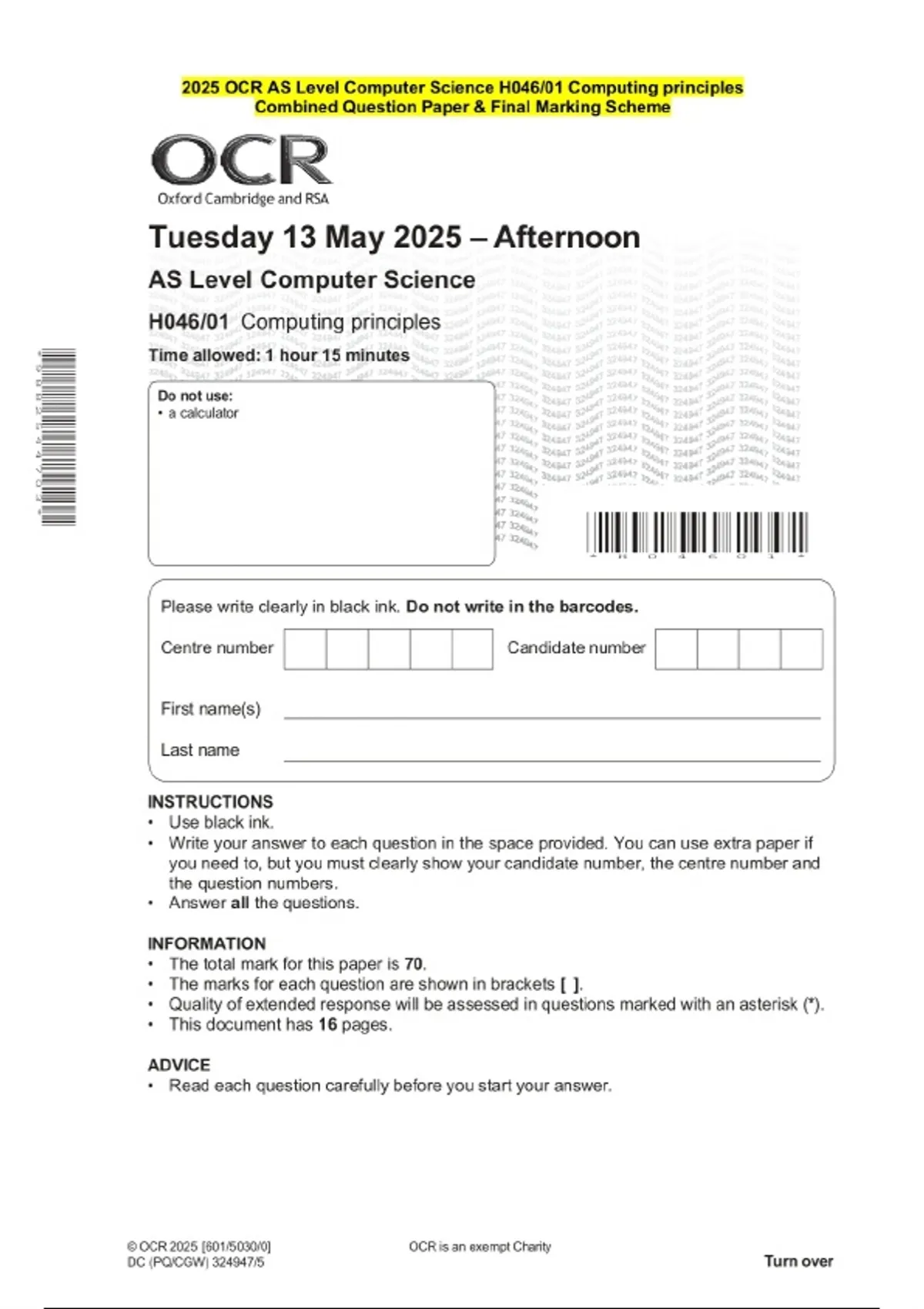 2025 OCR AS Level Computer Science H046/01 Computing principles Question Paper & Final Marking ...
