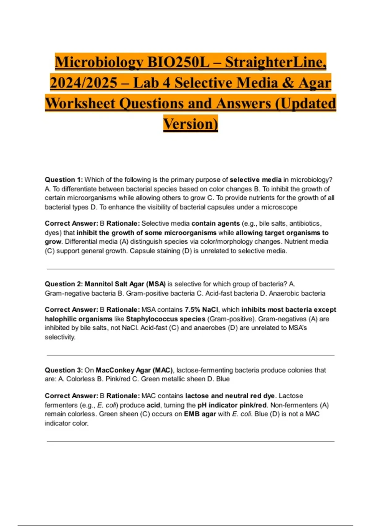Microbiology BIO250L – StraighterLine, 2024/2025 – Lab 4 Selective ...