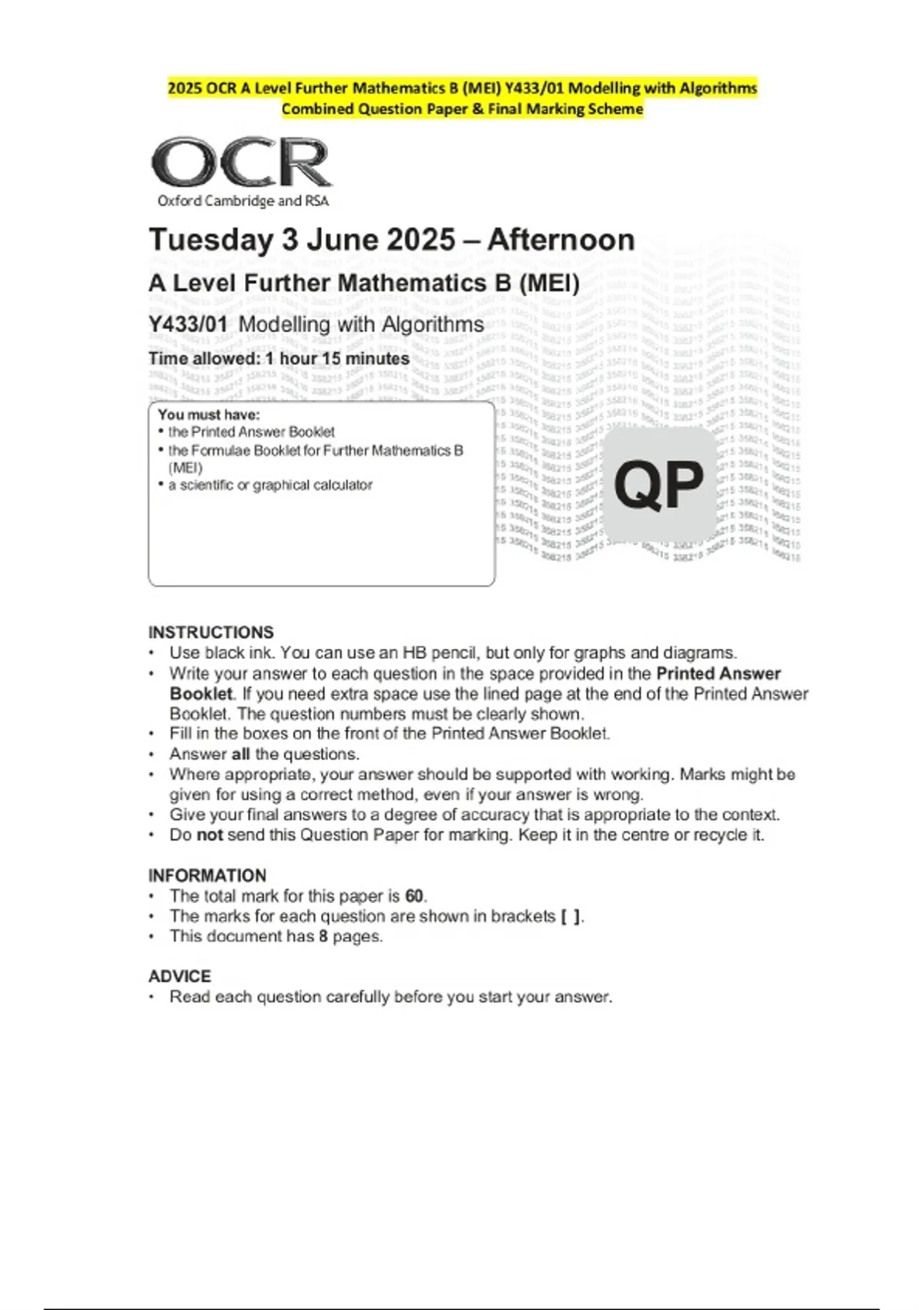 2025 OCR A Level Further Mathematics B (MEI) Y433/01 Modelling with ...