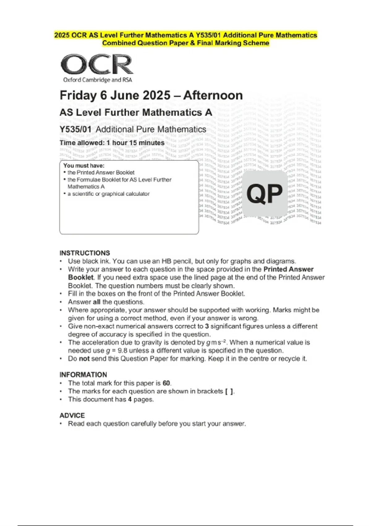 2025 OCR AS Level Further Mathematics A Y535/01 Additional Pure ...