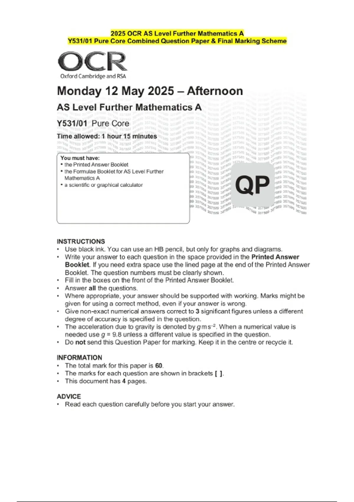 2025 OCR AS Level Further Mathematics A Y531/01 Pure Core Question ...