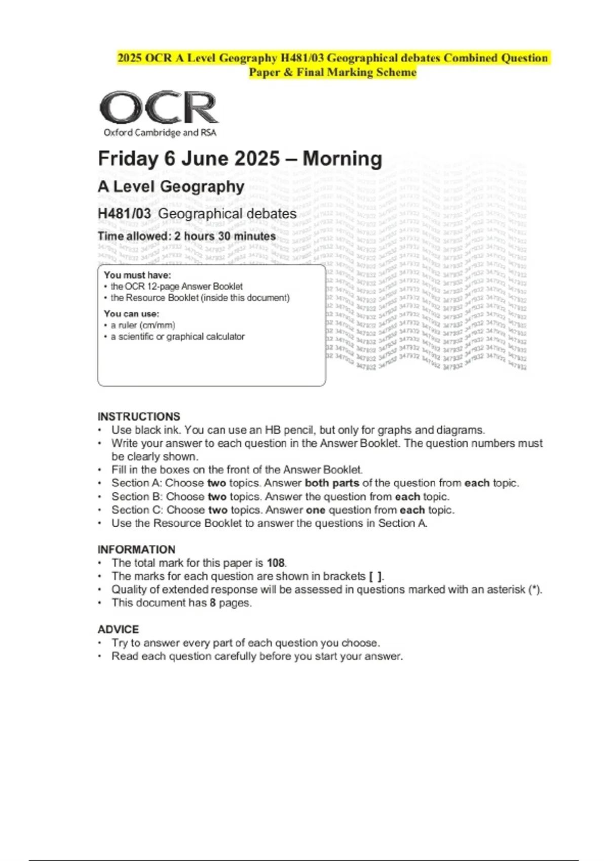 2025 OCR A Level Geography H481/03 Geographical debates Question Paper ...