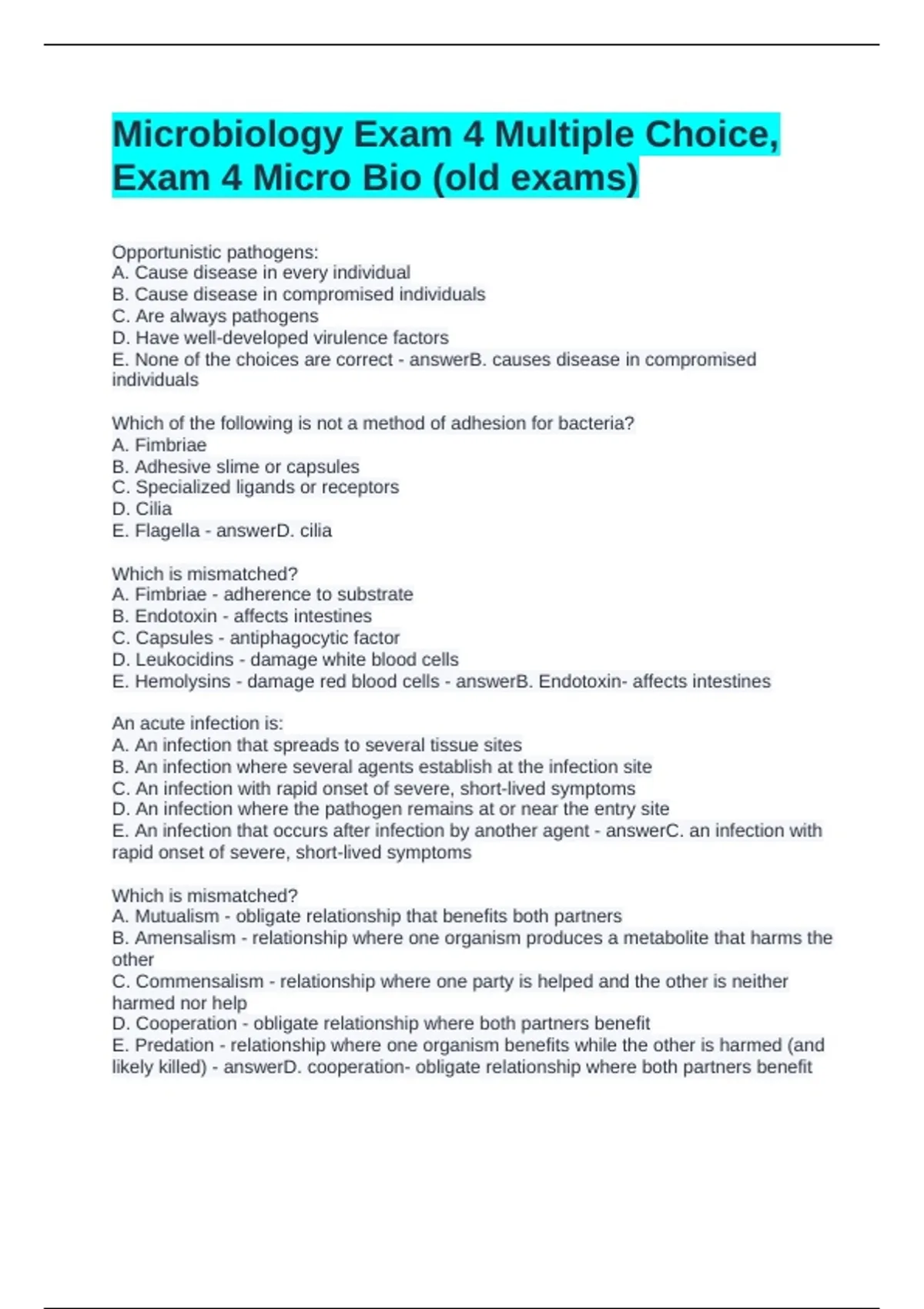 Microbiology Exam 4 Multiple Choice, Exam 4 Micro Bio (old exams ...