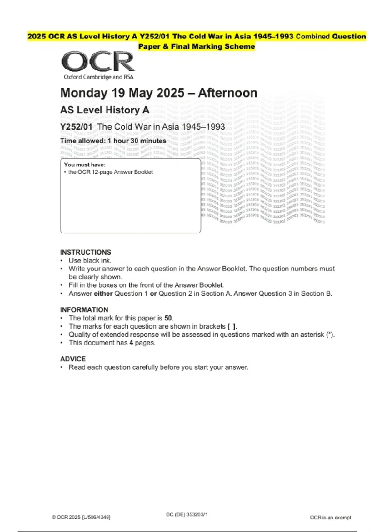 2025 OCR AS Level History A Y252/01 The Cold War in Asia 1945–1993 ...