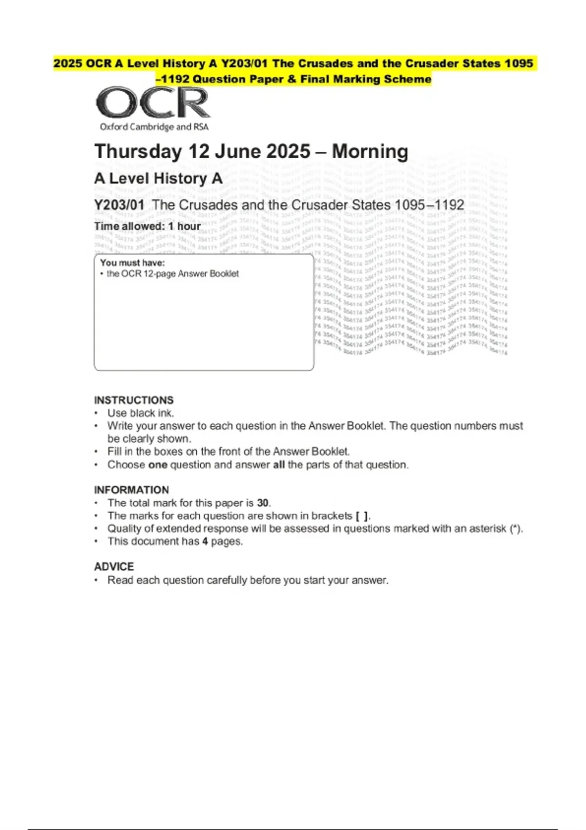 2025 OCR A Level History A Y203/01 The Crusades and the Crusader States ...