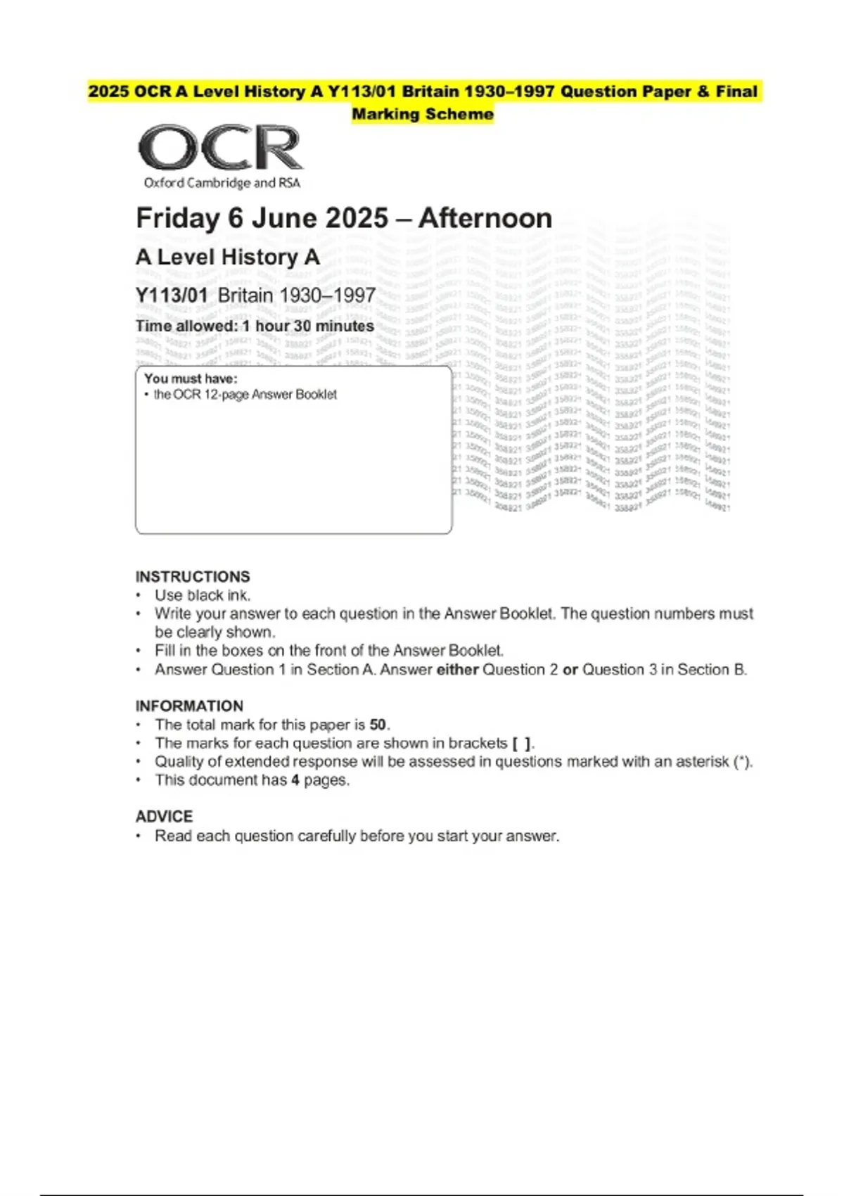 2025 OCR A Level History A Y113/01 Britain 1930–1997 Question Paper & Final Marking Scheme ...