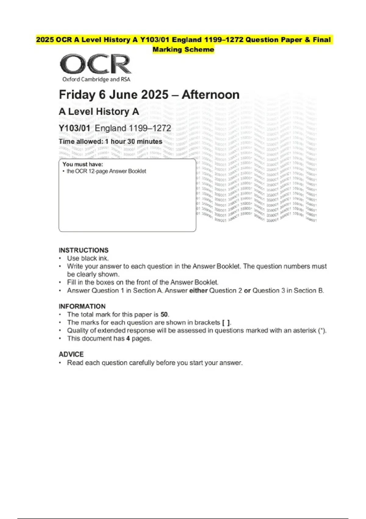 2025 OCR A Level History A Y103/01 England 1199–1272 Question Paper ...