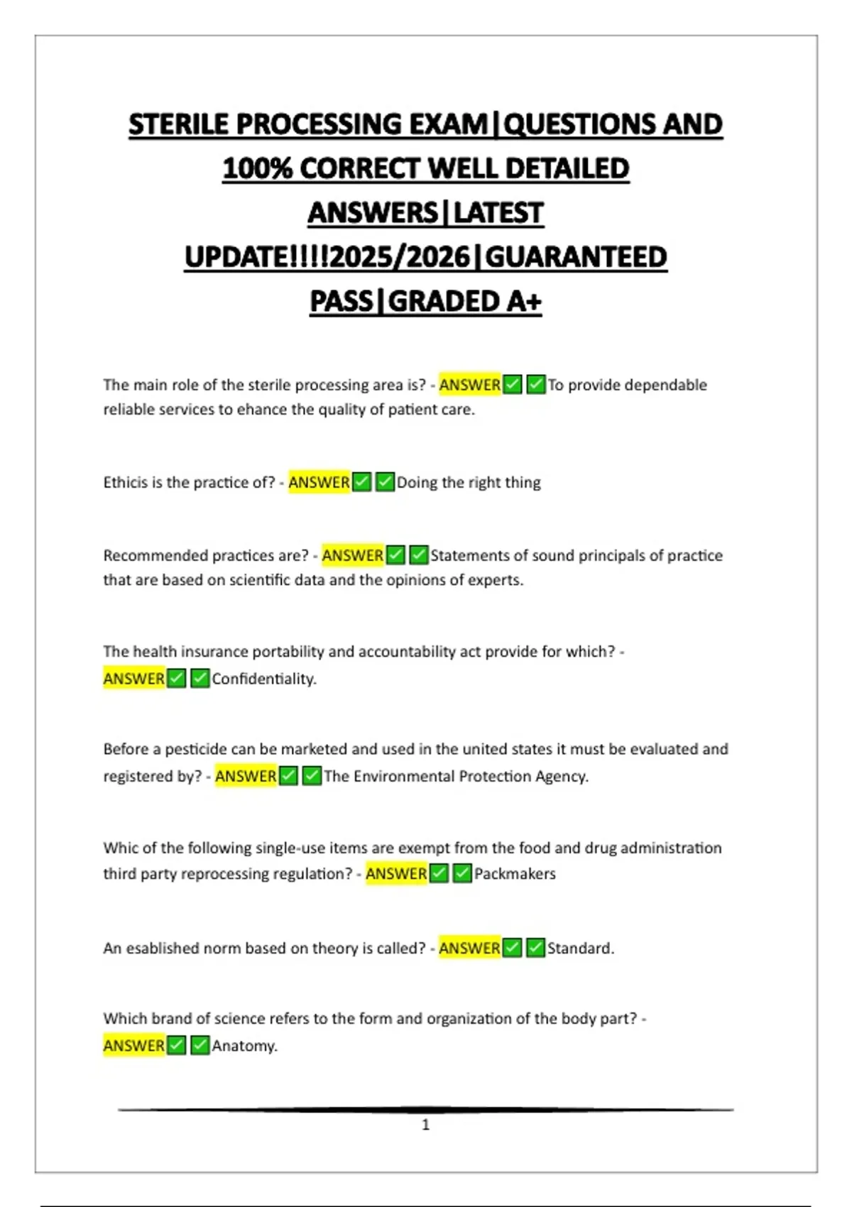 STERILE PROCESSING EXAM|QUESTIONS AND 100% CORRECT WELL DETAILED ...