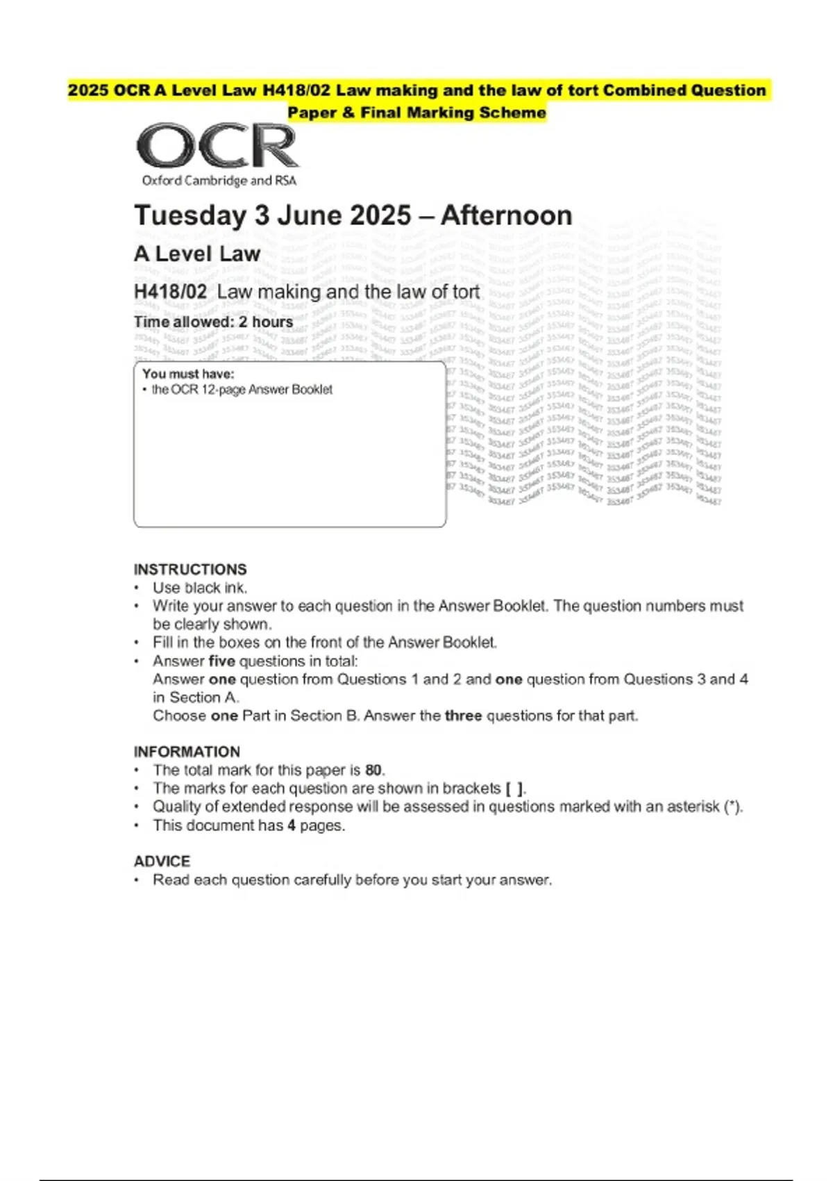 2025 OCR A Level Law H418/02 Law making and the law of tort Question ...