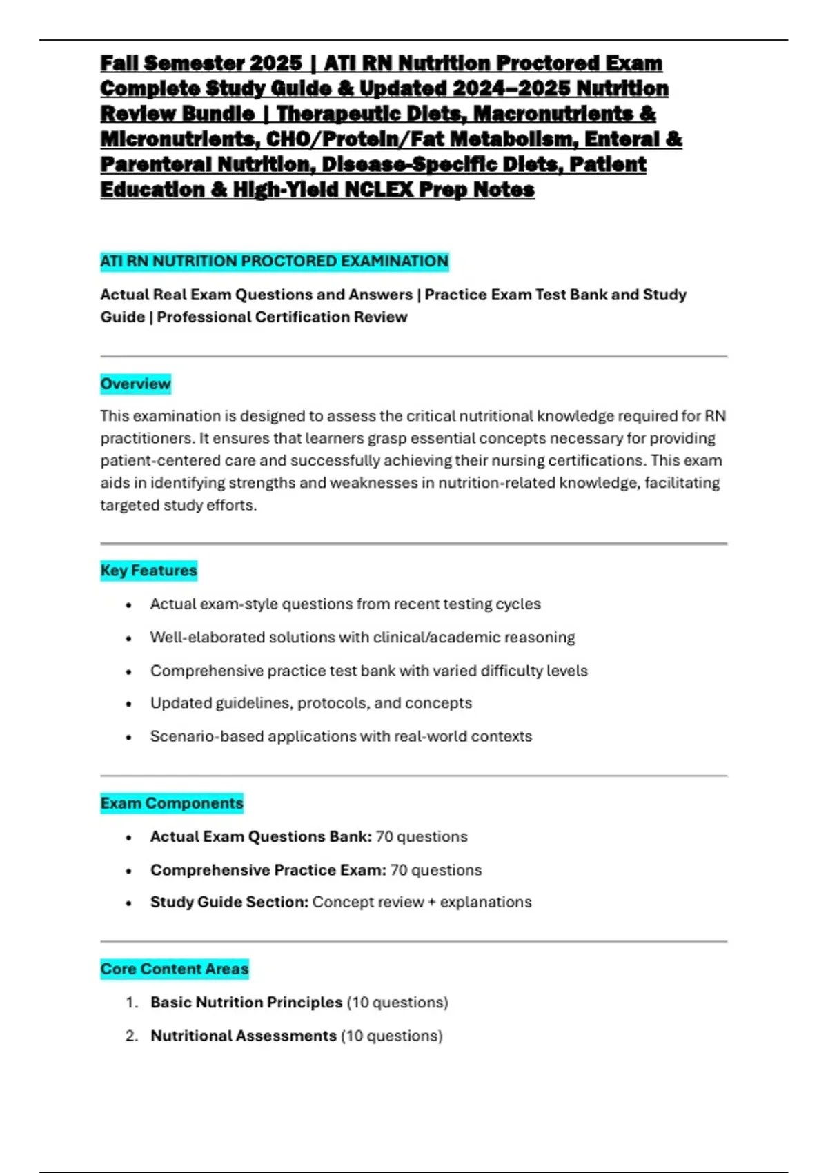 Fall Semester 2025 | ATI RN Nutrition Proctored Exam Complete Study ...