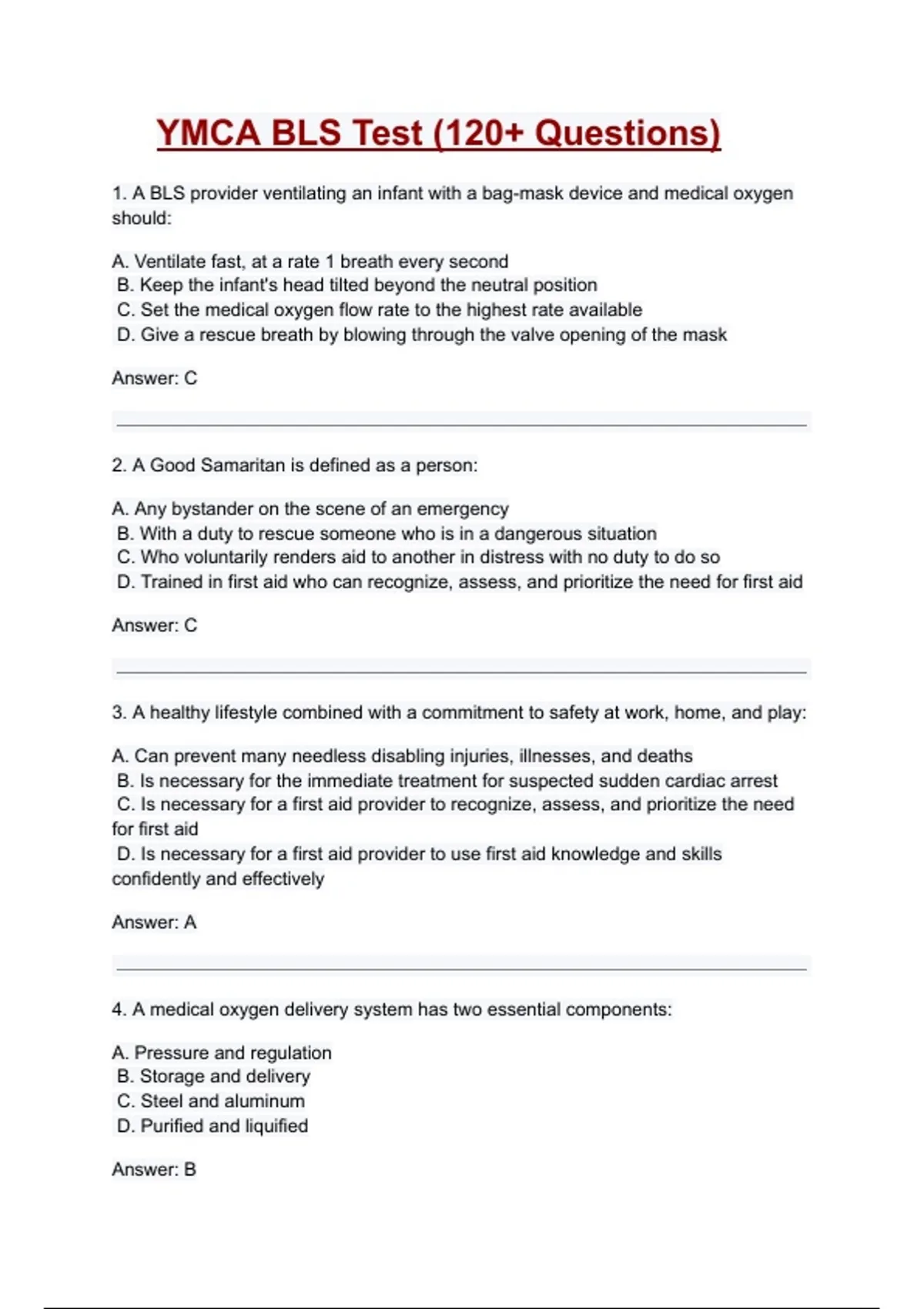 YMCA BLS Test (120+ Questions) Questions with correct Answers (A+ ...