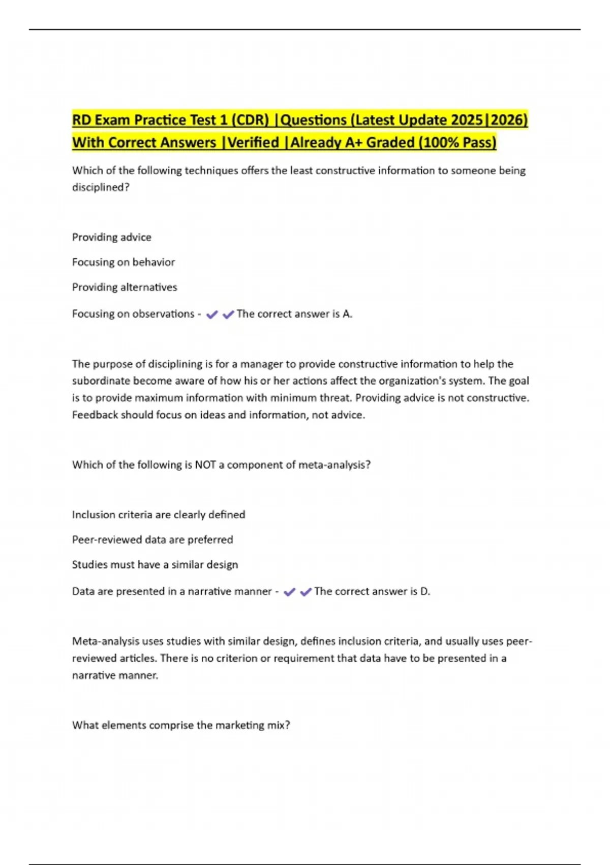 RD Exam Practice Test 1 (CDR) |Questions (Latest Update 2025|2026) With ...