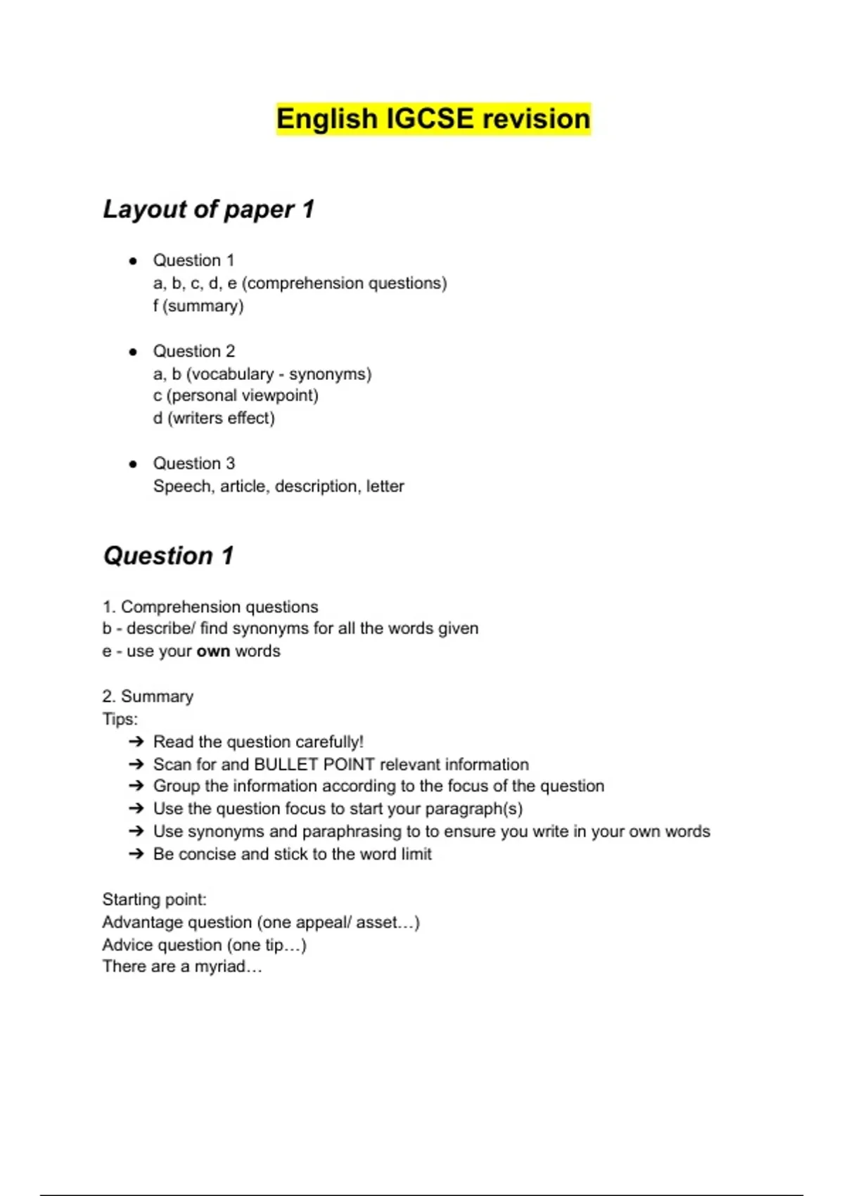 Summary English as a First Language 0500 IGCSE Notes COMPLETE - English ...