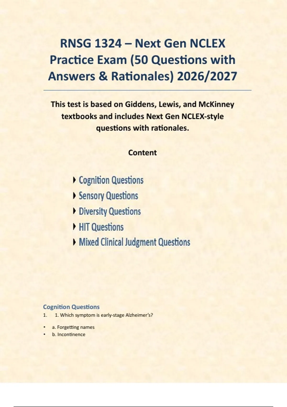 RNSG 1324 – Next Gen NCLEX Practice Exam (50 Questions with Answers ...