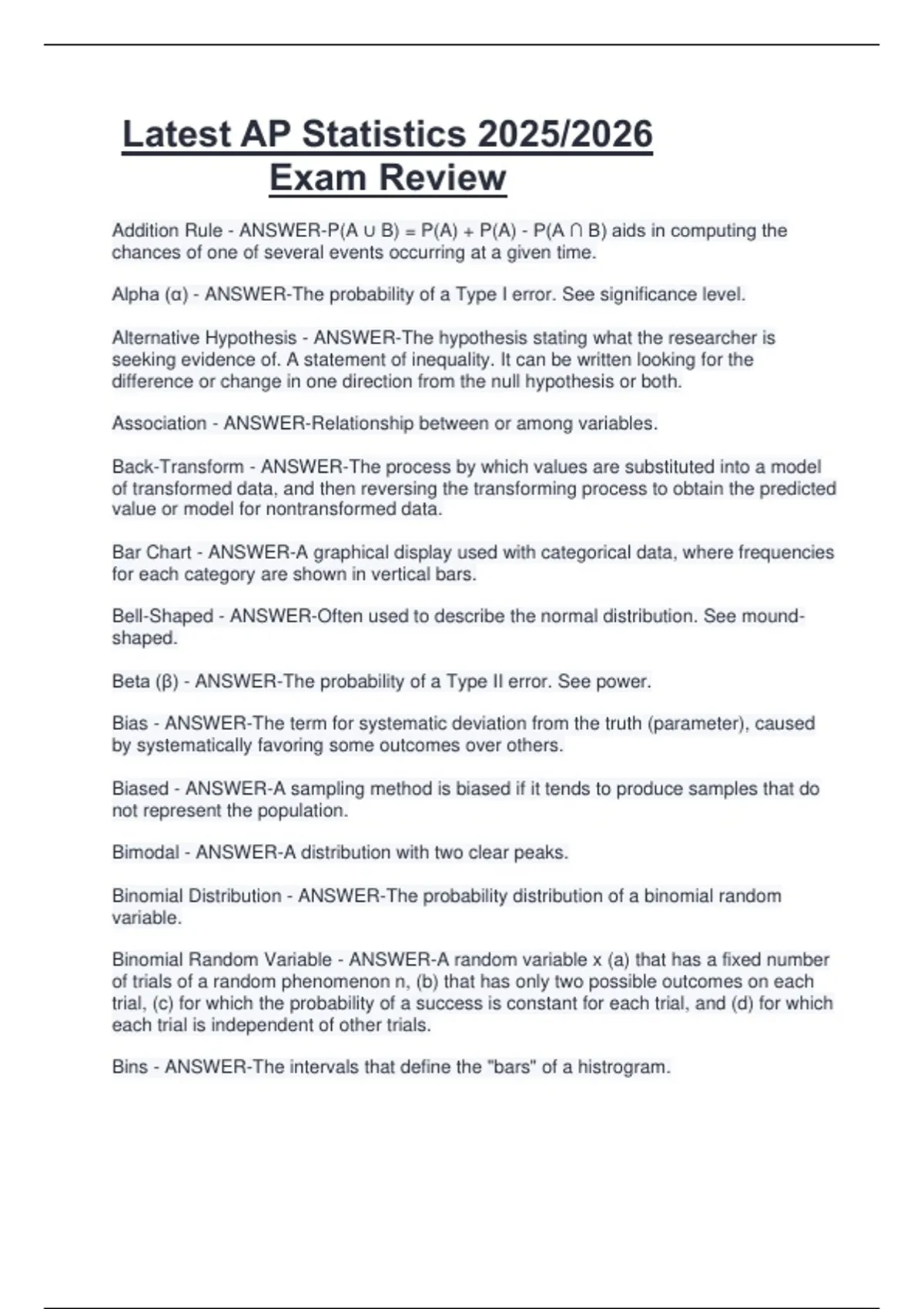 Latest AP Statistics 2025/2026 Exam Review - AP Statistics - Stuvia US