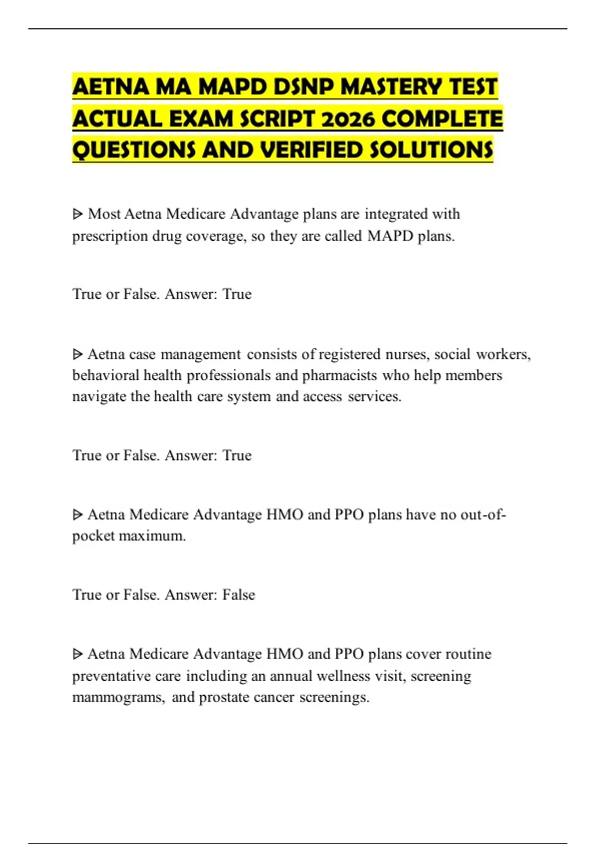 AETNA MA MAPD DSNP MASTERY TEST ACTUAL EXAM SCRIPT 2026 COMPLETE ...