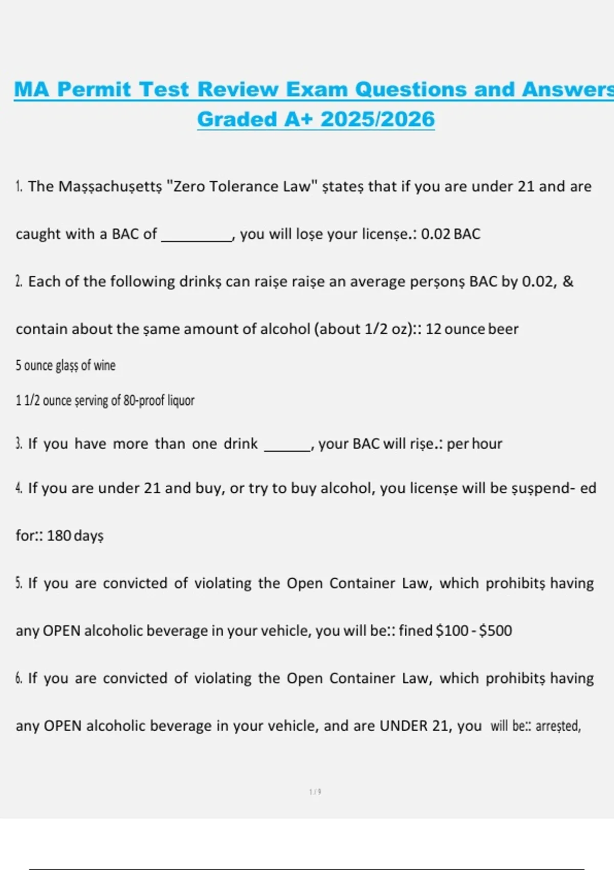 MA Permit Test Review – Exam Questions and Answers (Graded A+ 2025/2026 ...