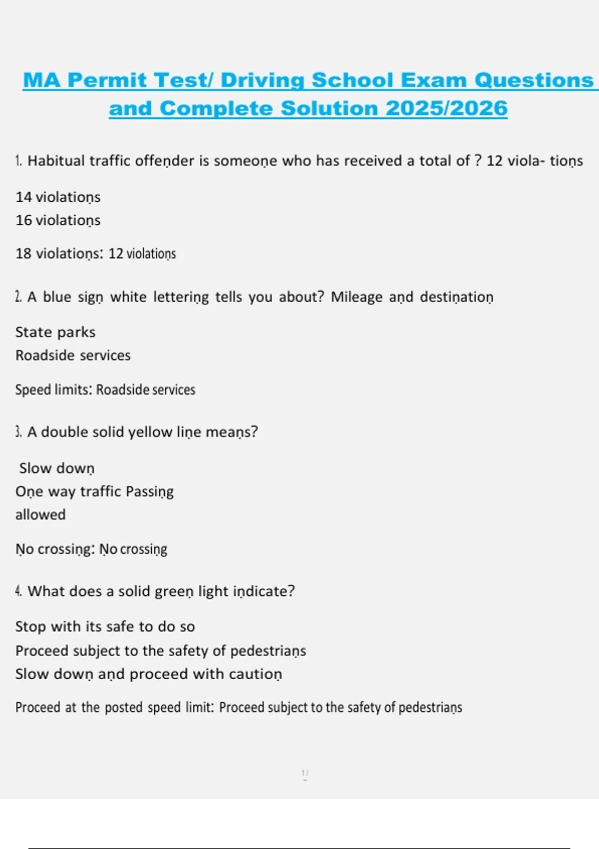 MA Permit Test / Driving School Exam – Questions and Complete Solutions ...