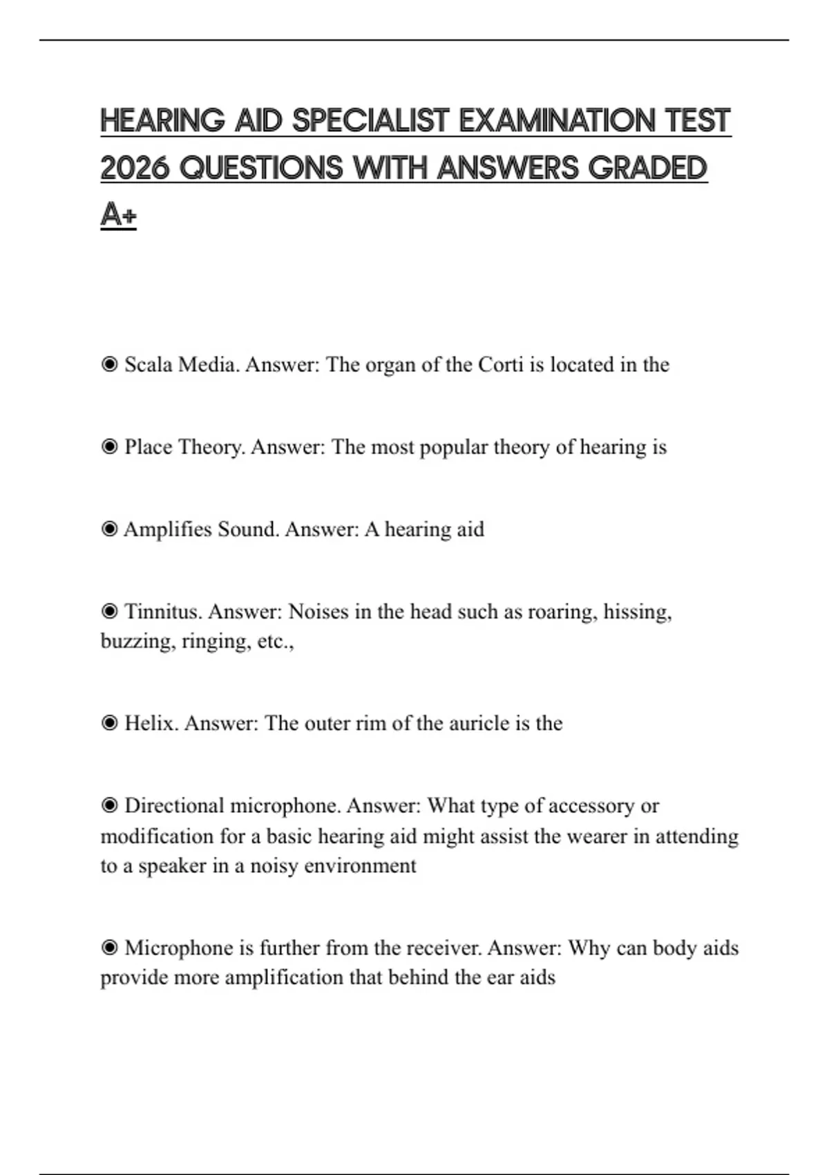 HEARING AID SPECIALIST EXAMINATION TEST 2026 QUESTIONS WITH ANSWERS ...