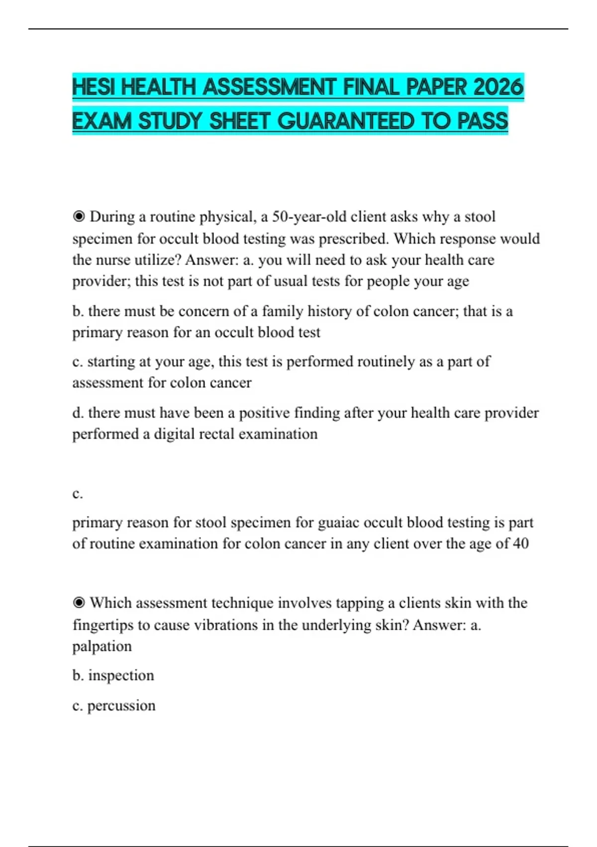 HESI HEALTH ASSESSMENT FINAL PAPER 2026 EXAM STUDY SHEET GUARANTEED TO ...