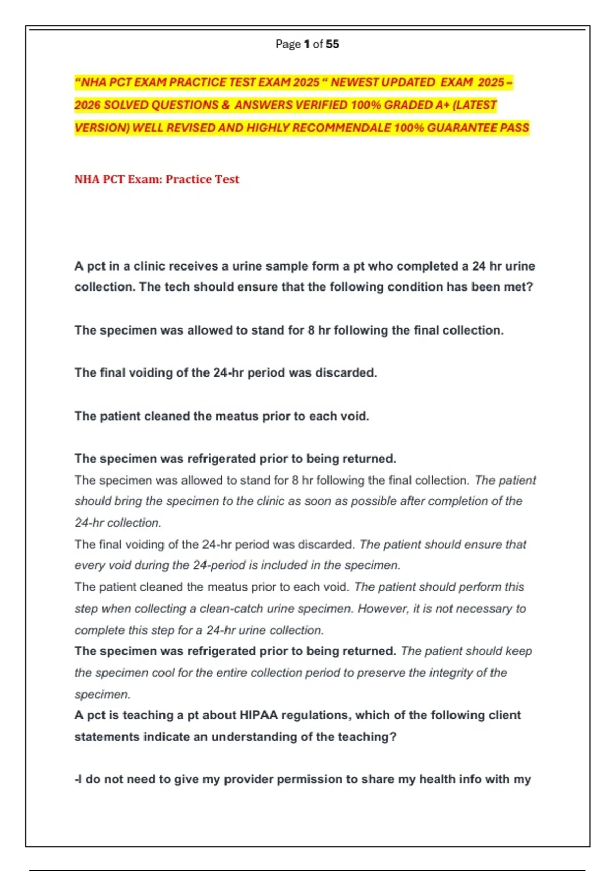 “NHA PCT EXAM PRACTICE TEST EXAM 2025 “ NEWEST UPDATED EXAM 2025 – 2026 ...