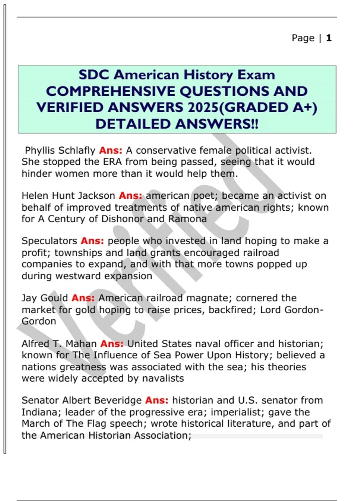 SDC American History Exam COMPREHENSIVE QUESTIONS AND VERIFIED ANSWERS ...