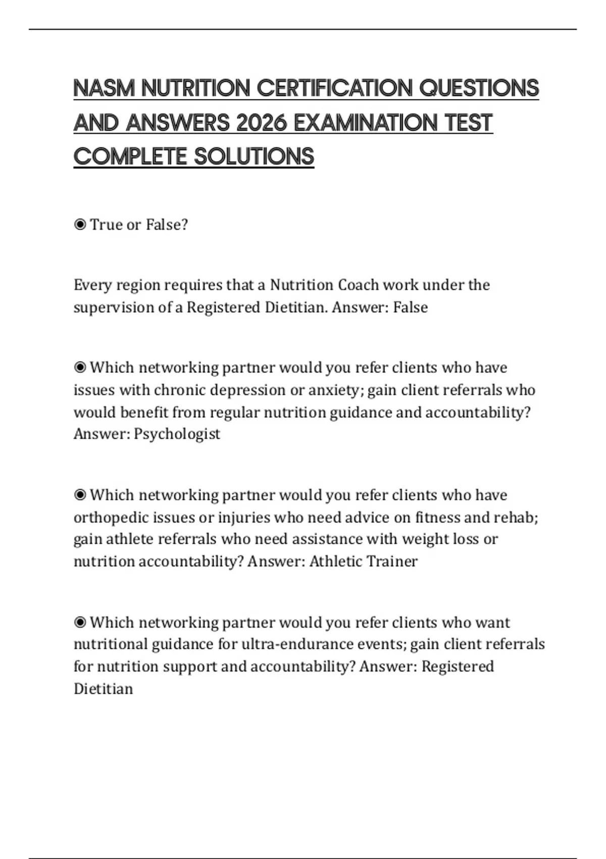 NASM NUTRITION CERTIFICATION QUESTIONS AND ANSWERS 2026 EXAMINATION ...