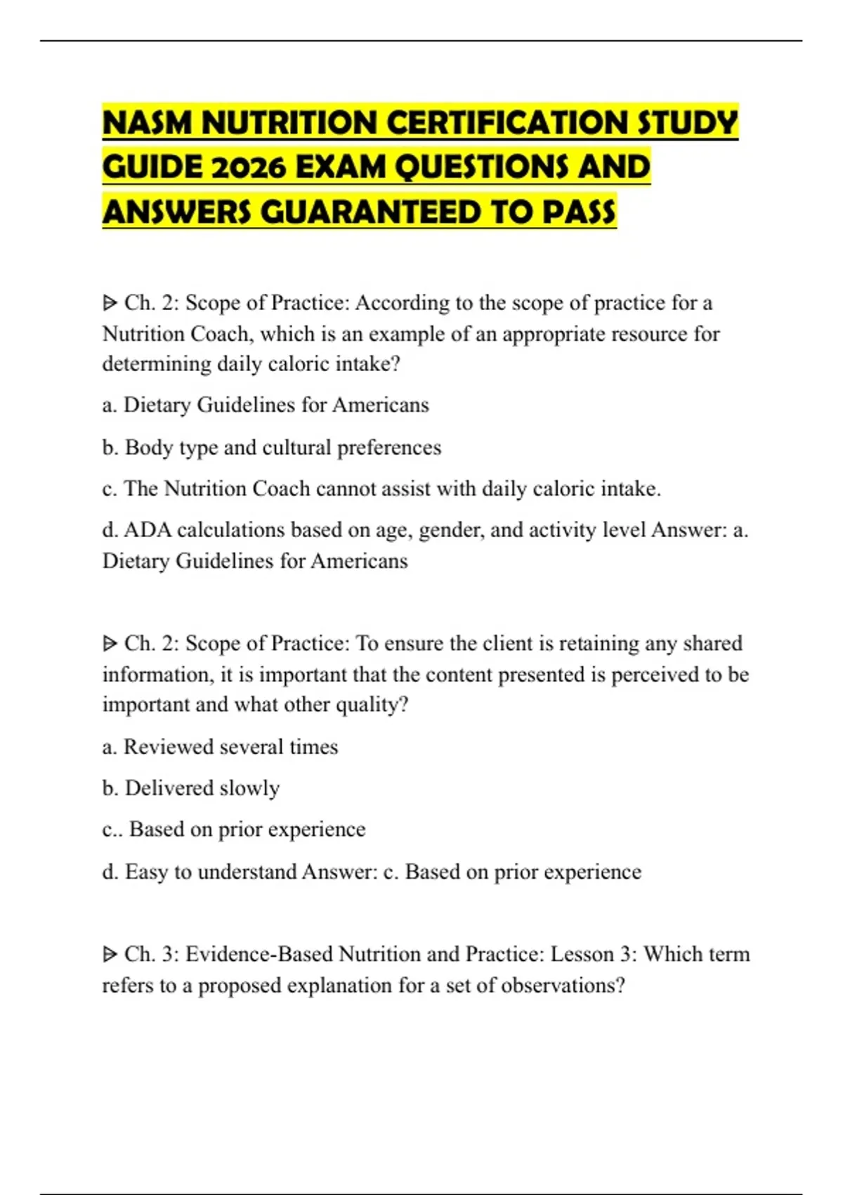 NASM NUTRITION CERTIFICATION STUDY GUIDE 2026 EXAM QUESTIONS AND ...